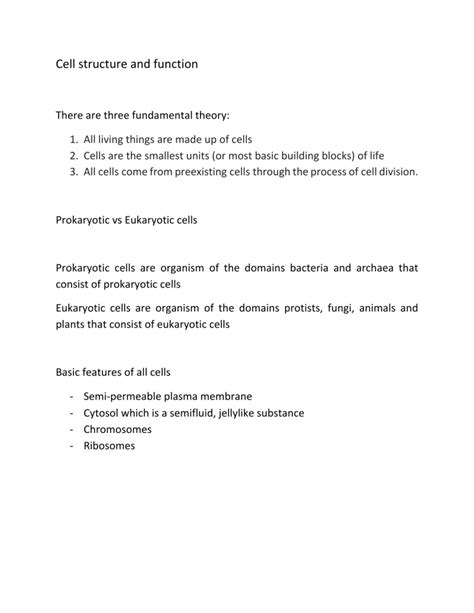 Cell Structure And Function Lecture Notes