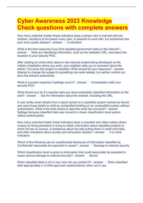 Cyber Awareness 2023 Knowledge Check Questions With Complete Answers Cyber Challenge Stuvia Us