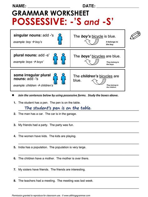 Possessive S Exercises Elementary Possessive Grammar Adjecti