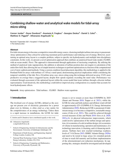 Pdf Combining Shallow Water And Analytical Wake Models For Tidal Array Micro Siting