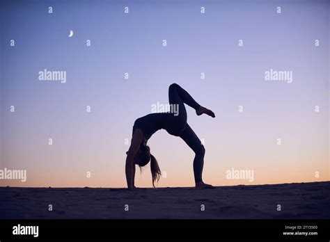 Beautiful Young Woman Practices Backbend Yoga Asana Urdhva Dhanurasana