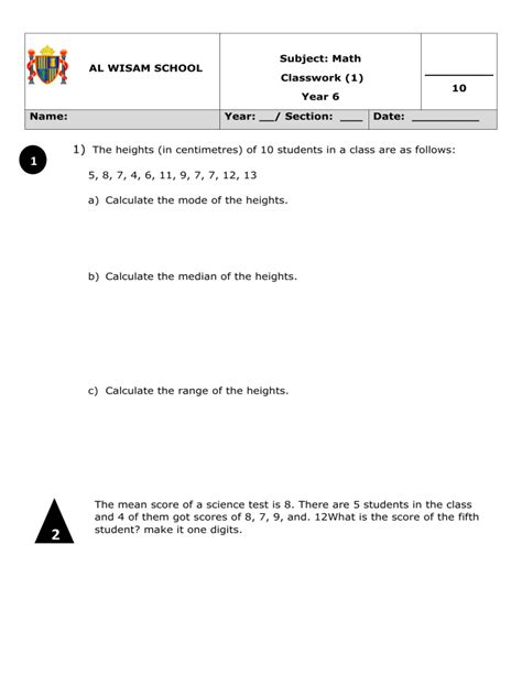 Year 6 Math Classwork Statistics Problems