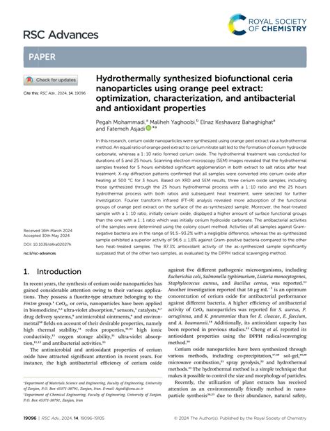 Pdf Hydrothermally Synthesized Biofunctional Ceria Nanoparticles Using Orange Peel Extract