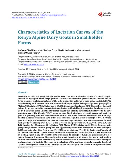 Pdf Characteristics Of Lactation Curves Of The Kenya Alpine Dairy