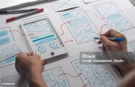 Ux 그래픽 디자이너 크리에이티브 스케치 계획 응용 프로그램 개발 웹 휴대 전화에 대한 프로토 타입 와이어 프레임 사용자 환경