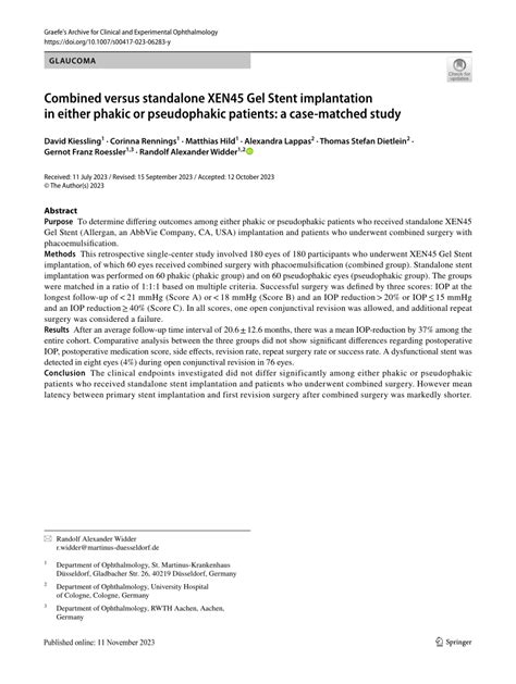 Pdf Combined Versus Standalone Xen45 Gel Stent Implantation In Either
