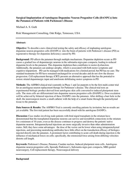 Pdf Surgical Implantation Of Autologous Dopamine Neuron Progenitor