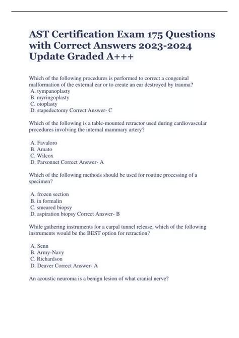 Ast Certification Exam 175 Questions With Correct Answers Update Graded A Ast Certification