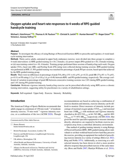 Pdf Oxygen Uptake And Heart Rate Responses To 4 Weeks Of Rpe Guided