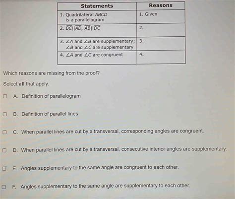 Solved Which Reasons Are Missing From The Proof Select All That Apply