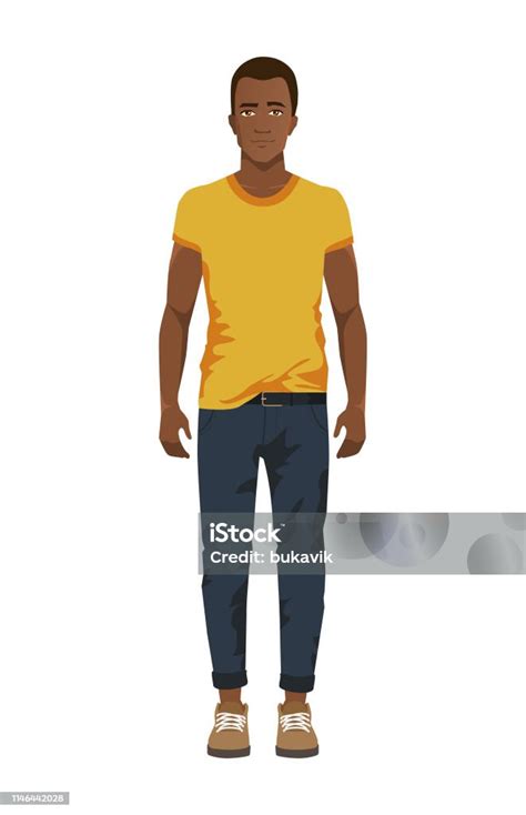 흰색 바탕 아래 캐주얼 옷에 흑인의 벡터 일러스트 레이 션 만화 현실적인 사람들의 일러스트입니다 플랫 젊은 남자입니다 정면 보기