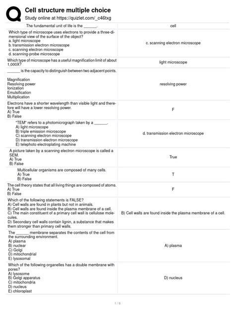 Cell Structure And Function Mcqs Pdf