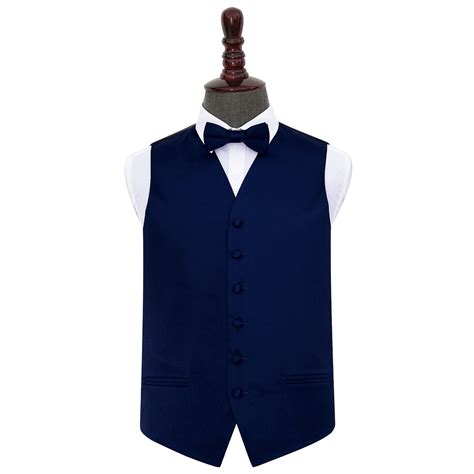 Mens Plain Navy Blue Satin Wedding Waistcoat And Bow Tie Set