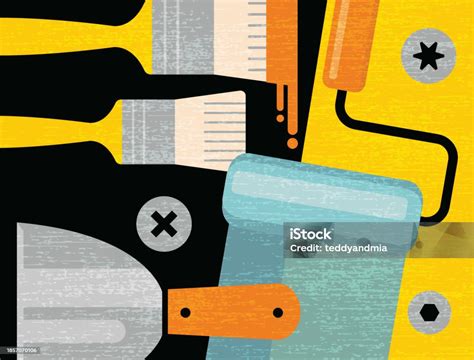 그림과 준비 도구의 추상 콜라주와 주택 개선 현대 벡터 일러스트 레이 션입니다 개념에 대한 스톡 벡터 아트 및 기타 이미지 개념 디자인 주택 페인터 Istock
