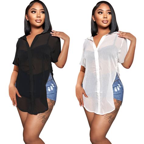 Sexy Perspective Lapel Split Chiffon Beach Blouse