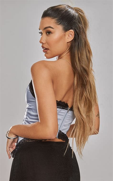 Blue Grey Silk Lace Trim Pointed Hem Boned Bandeau Tops