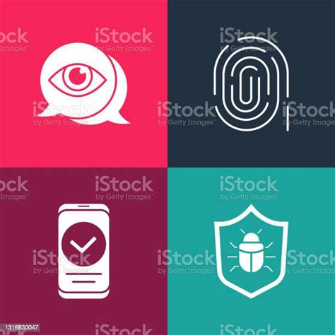 Set Pop Art System Bug Smartphone Fingerprint And Eye Scan Icon Vector