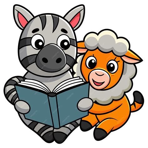 Cute Zebra And Sheep Reading Book Cartoon Vector Icon Illustration