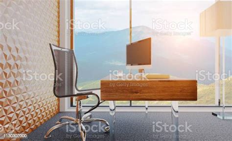 산 배경 비즈니스 센터에 머리의 사무실 나무 스타일 3d 렌더링에서 인테리어입니다 일몰입니다 이랑 산에 대한 스톡 사진 및 기타