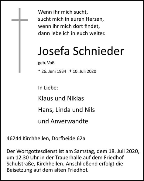 Traueranzeigen Von Josefa Schnieder Trauer In Nrwde