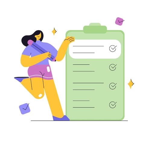 체크리스트라고 적힌 큰 클립보드를 들고 있는 여성 프리미엄 벡터