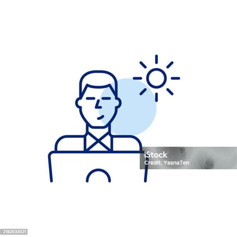 노트북과 태양에서 일하는 남자 원격 근무자를 위한 유연한 일일 근무 시간 픽셀 완벽한 벡터 아이콘 가상현실에 대한 스톡 벡터 아트 및 기타 이미지 Istock