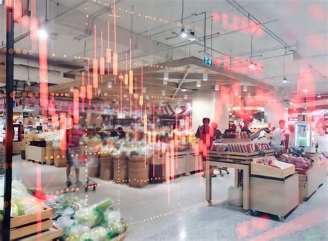 Red Stock Market Decline Graph Overlay On Blurred Supermarket Aisle