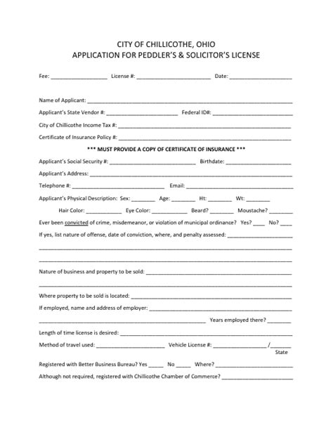 City Of Chillicothe Ohio Application For Peddler S Solicitor S