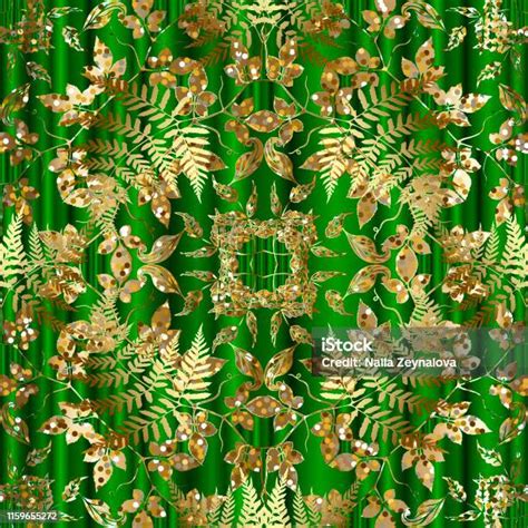 골드 글리터 플로럴 이음새가 있는 패턴 벡터 반짝이 식물 배경입니다 빛나는 황금 빛 나뭇잎 열대 고사리 잎 가지 반짝이와 질감 화려한 디자인 드레이프 그린 배경을 반복합니다