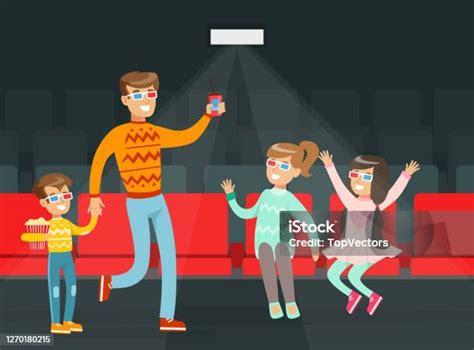 팝콘 만화 벡터 일러스트와 함께 3d 안경을 쓰고 있는 가족 방문 영화관 부모와 어린이 독일에 대한 스톡 벡터 아트 및 기타