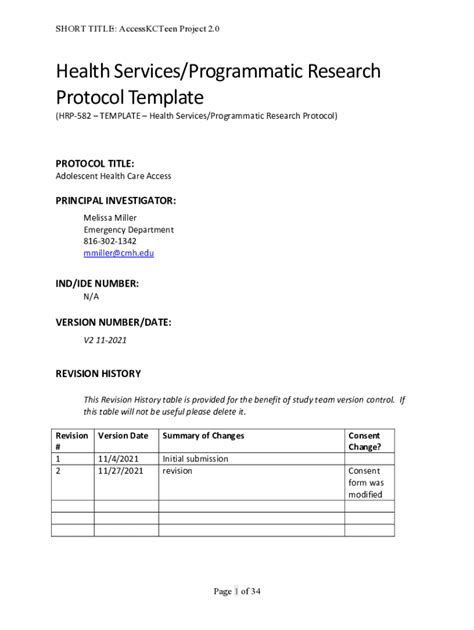 Fillable Online Health Servicesprogrammatic Research Protocol Template