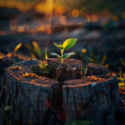 New Sprout Grows Out Of Old Stump Young Sprout On Old Tree In Morning Sunlight Environment