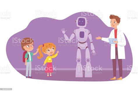 과학 박물관의 어린이 손 벡터 일러스트를 흔드는 로봇을 바라보는 아이들 학교 소풍 장면 소년과 소녀 공부 강사 가이드 교육 과학