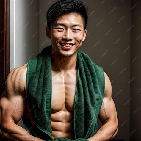 Premium Ai Image Smiling Handsome And Muscular Asian Guy With Green