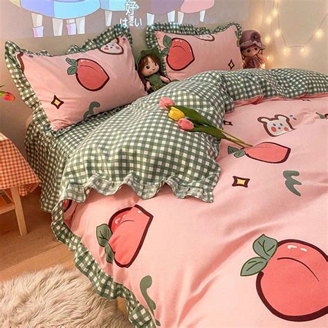 Kawaii Peach Bedding Set 🍑 Queen Pinkgreen Ropa De Cama De Lujo