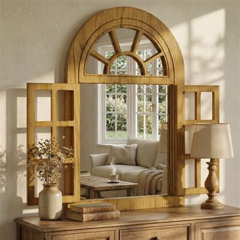 Arched Wood Framed Windowpane Accent Mirror Wall Mirror Bed Bath