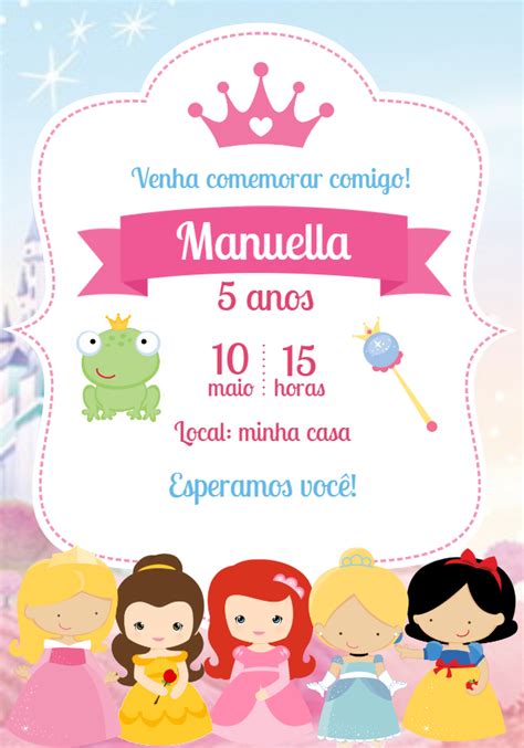 Convite Aniversário Princesas Edite grátis nosso editor online