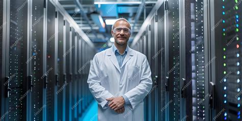 Premium Photo Technician In A Lab Coat Surrounded By Algorithms In A