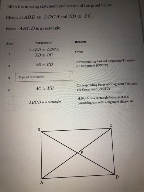 solved fill in the missing statement and reason of the proof