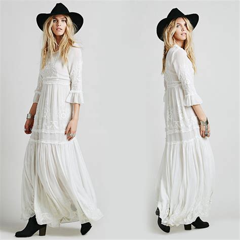 Women Boho Dress 2016 Bohemian Long Maxi Dress Embroidery Black White