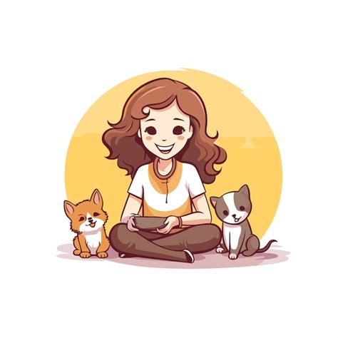 Une Jolie Fille De Dessin Animé Assise Avec Son Chien Et Son Chat
