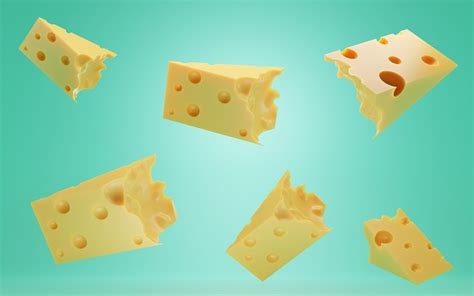 스위스 이탈리아 또는 네덜란드 하드 치즈 의 조각 구멍이있는 치즈 체다의 삼각형 덩어리 블록 자연 농장 유제품 패턴 배경 만화 아이콘 3d 일러스트의 광고 및 홍보 3차원