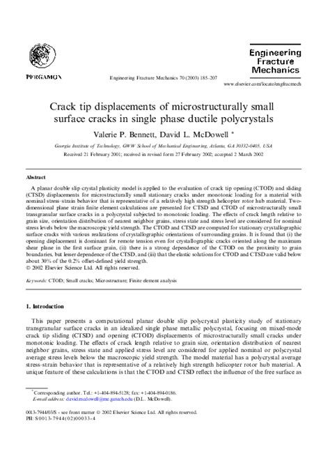 Pdf Crack Tip Displacements Of Microstructurally Small Surface Cracks
