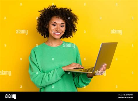 Portrait Of Pretty Cheerful Girl Look Camera Hold Netbook Toothy Smile