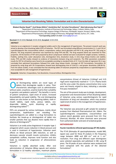 Pdf Valsartan Fast Dissolving Tablets Formulation And In Vitro Characterization