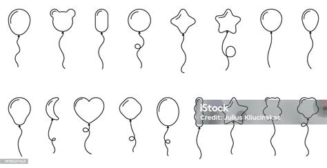 Ikon Garis Balon Dengan String Dalam Gaya Kartun Baris Berbagai Bentuk