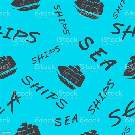 배의 흑백 실루엣과 비문 Sea Ships는 파란색 배경에 있습니다 해양 테마입니다 직물에 인쇄 인포그래픽이 있는 배경 이미지