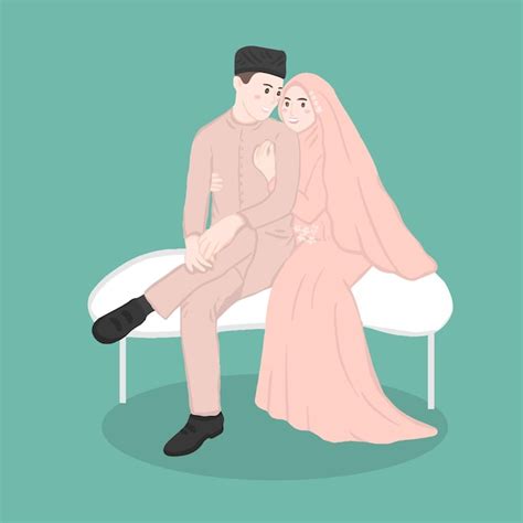 Personagens de casal de casamento muçulmano Noiva e noivo em estilo muçulmano Vetor Premium