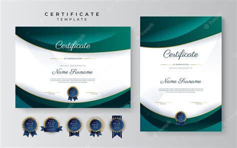 졸업장 수상 비즈니스 대학 학교 배경 및 기업용으로 설계된 금 배지 및 테두리가 있는 현대적인 우아한 짙은 녹색 및 금색 성취 템플릿 인증서 프리미엄 벡터
