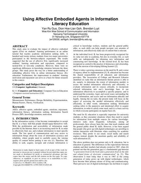 Pdf Using Affective Embodied Agents In Information Literacy Education